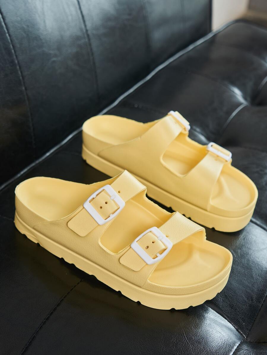 Women Double Buckle Decor Slides, Funky Yellow EVA Slides | SHEIN USA