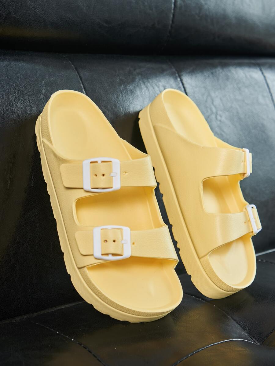 Women Double Buckle Decor Slides, Funky Yellow EVA Slides | SHEIN USA