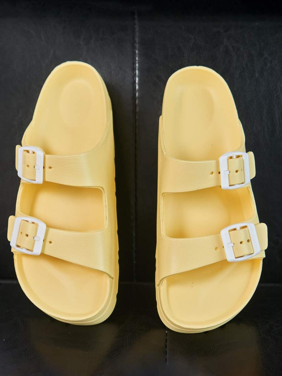 Women Double Buckle Decor Slides, Funky Yellow EVA Slides | SHEIN USA
