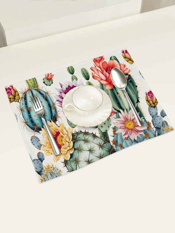 1pc Polyester Place Mat, Cottagecore Cactus Print Table Mat For Dining ...