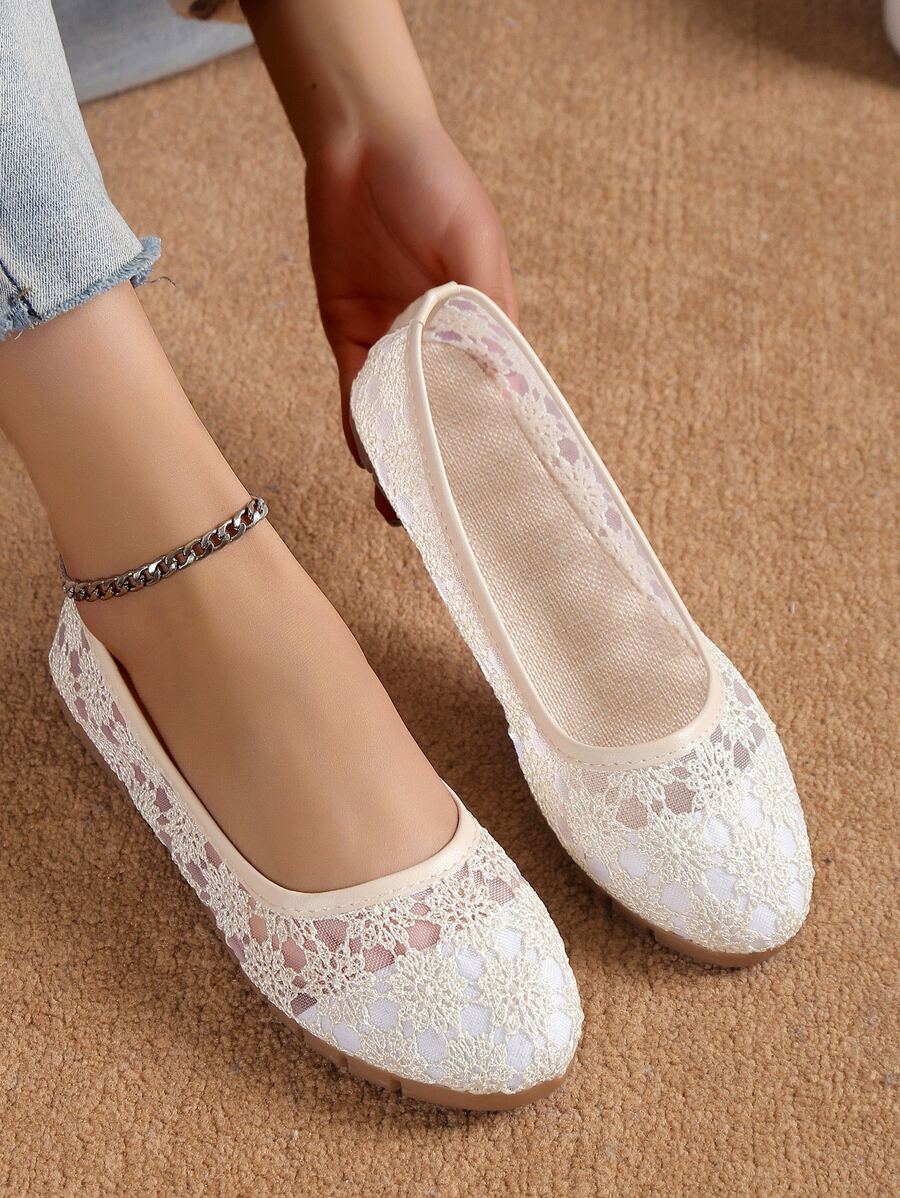 Women Comfortable Floral Embroidered Flats, Elegant White Mesh Ballet ...