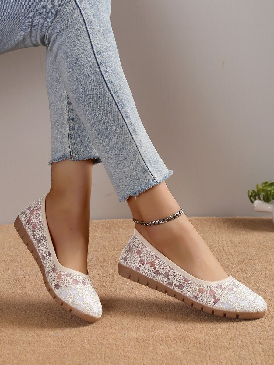 Women Comfortable Floral Embroidered Flats, Elegant White Mesh Ballet ...