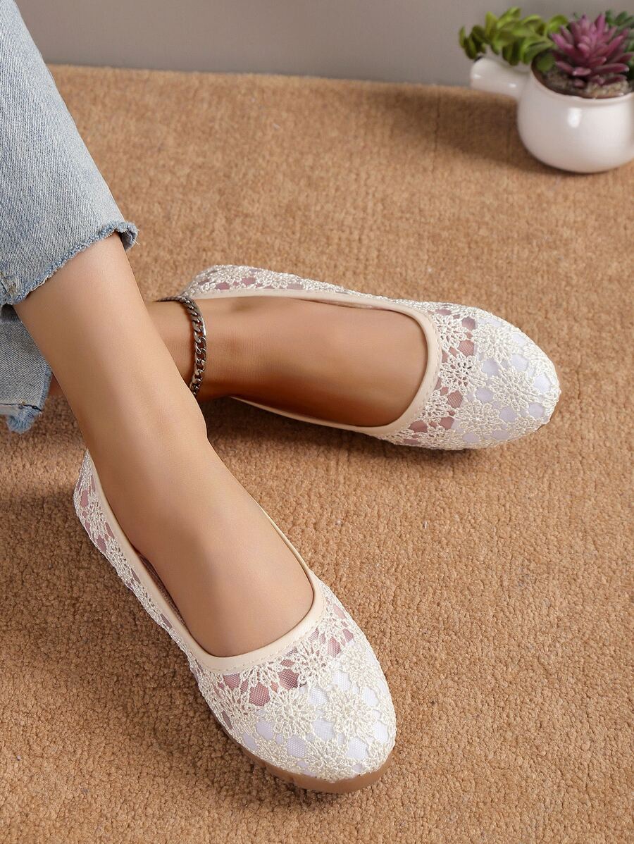 Women Comfortable Floral Embroidered Flats, Elegant White Mesh Ballet ...