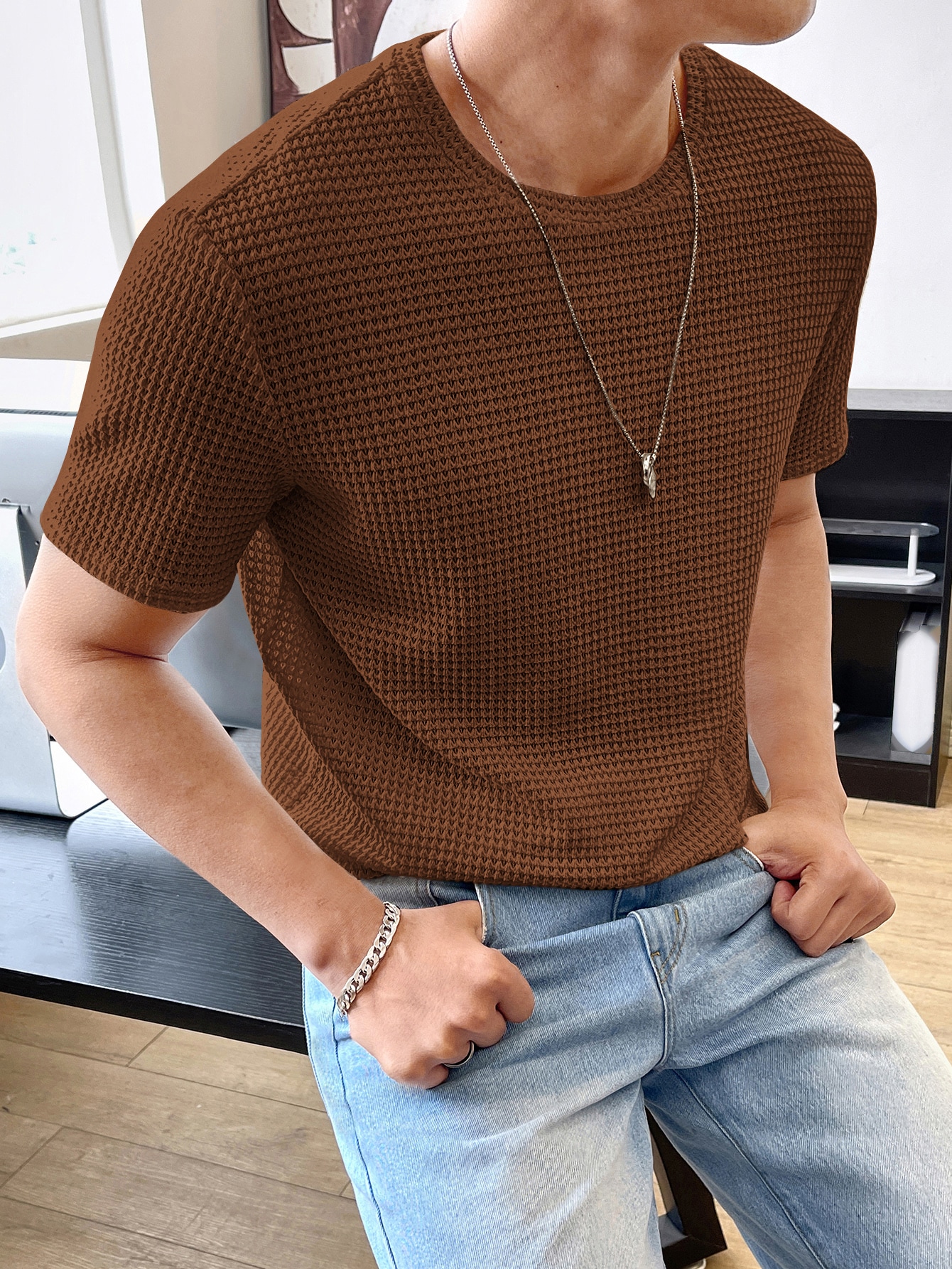 SHEIN homens Camiseta sólido malha waffle