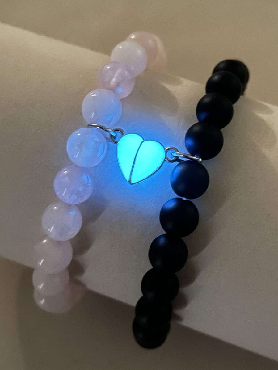 2pcs Couple Glow In The Dark Heart Charm Beaded Bracelet | SHEIN USA