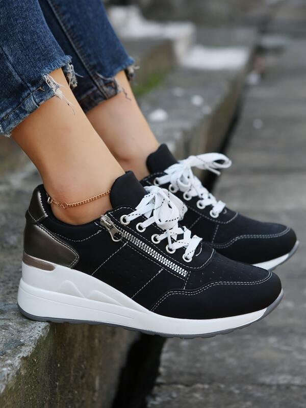 Women Side Zip Lace Up Sneakers, Sporty Outdoor Black Wedge Sneakers ...
