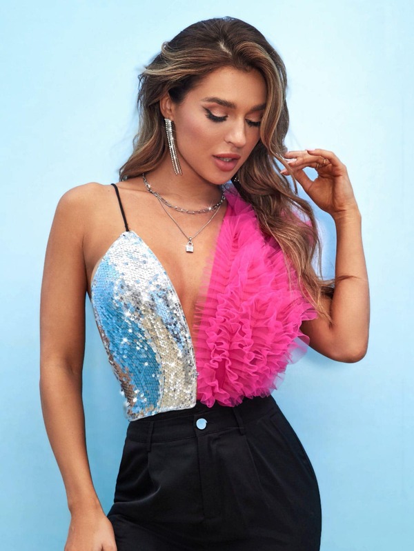Contrast Sequin Frill Trim Plunging Neck Bodysuit Shein Usa