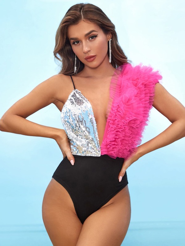 Contrast Sequin Frill Trim Plunging Neck Bodysuit Shein Usa