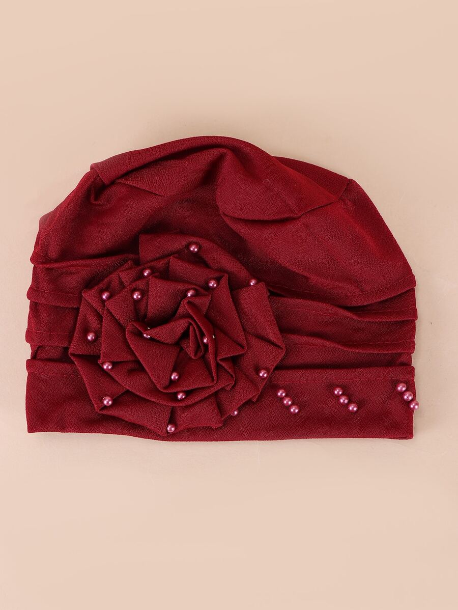 Flower & Faux Pearl Decor Head Wrap Boho Bonnet Hair Bonnet Turban ...