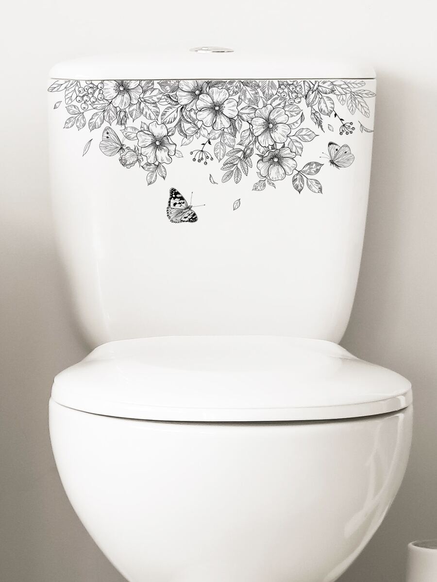 1pc Pvc Toilet Stool Commode Sticker Butterfly And Floral Pattern Toilet