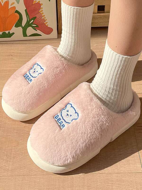 Women Cartoon & Letter Embroidered Fuzzy Bedroom Slippers, Preppy ...