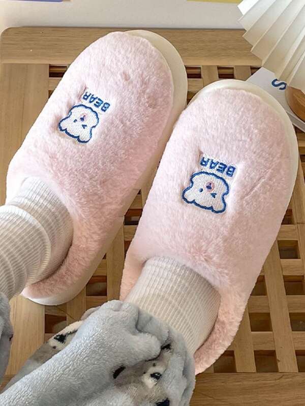 Women Cartoon & Letter Embroidered Fuzzy Bedroom Slippers, Preppy ...