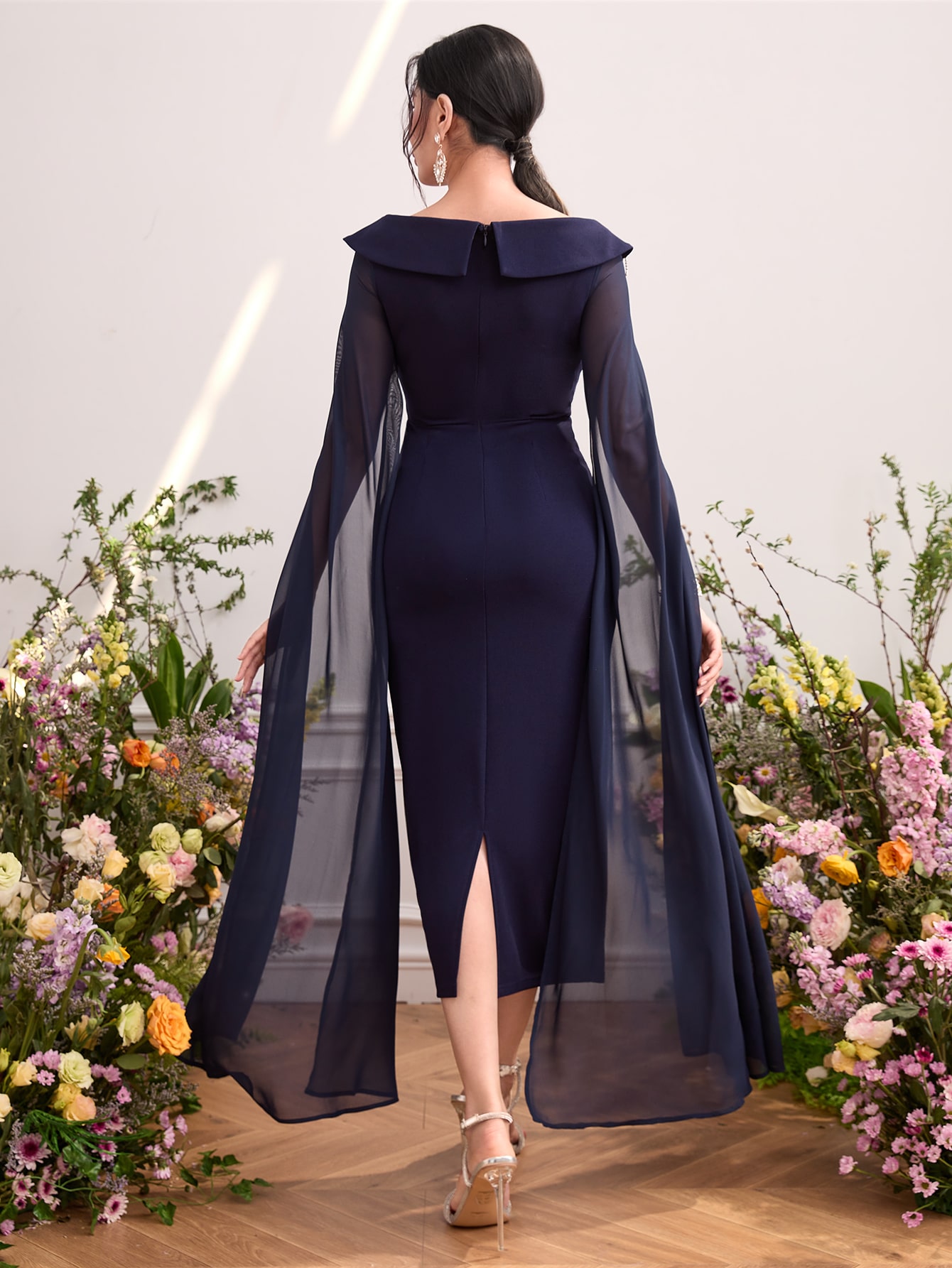 SHEIN Modely Rhinestone Detail Cloak Sleeve Split Back Dress | SHEIN UK