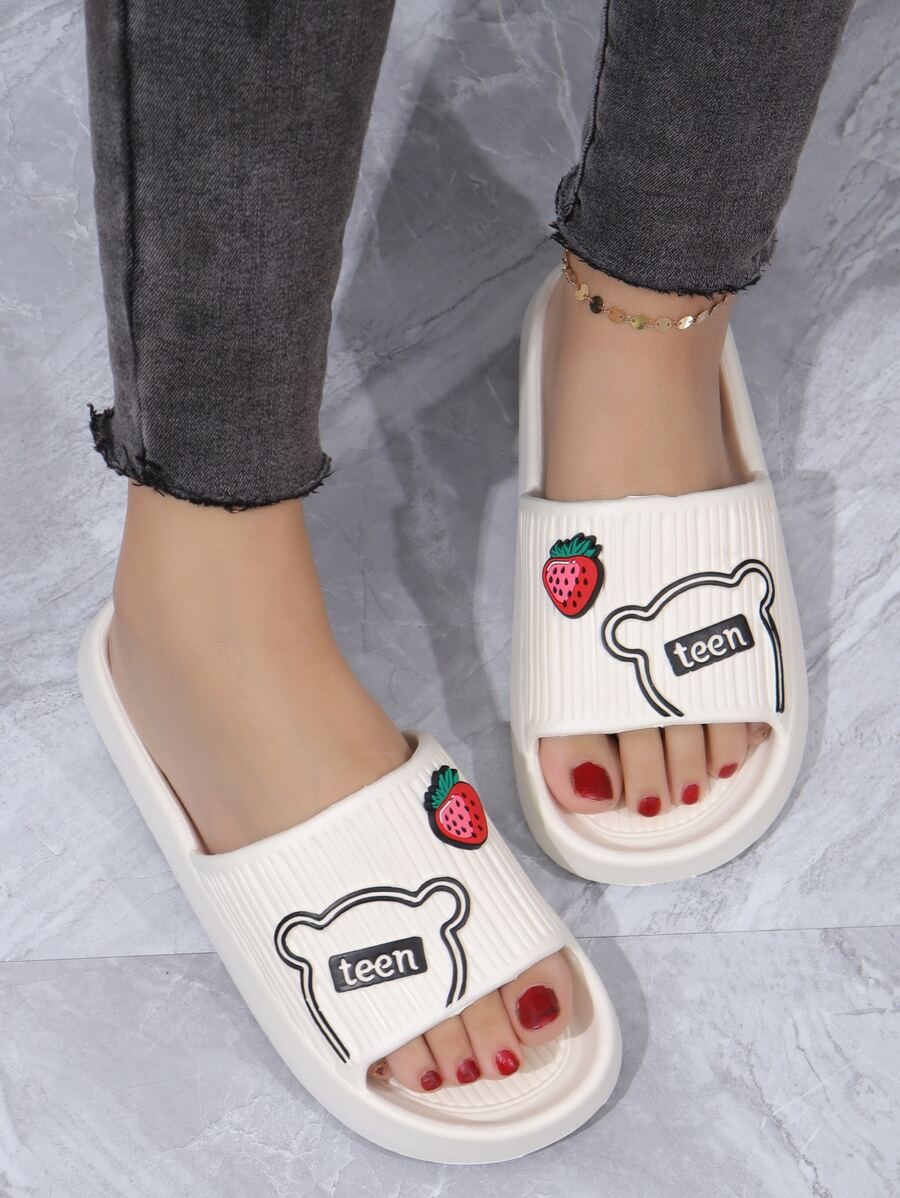 Women Letter & Strawberry Pattern Slides, Preppy White EVA Slides ...