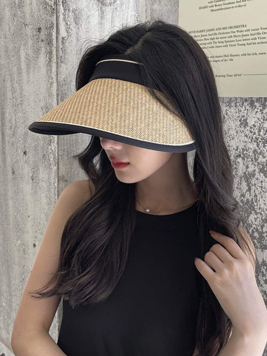 1pc Women Contrast Binding Sun Protection Straw Visor Hat, For Outdoor ...