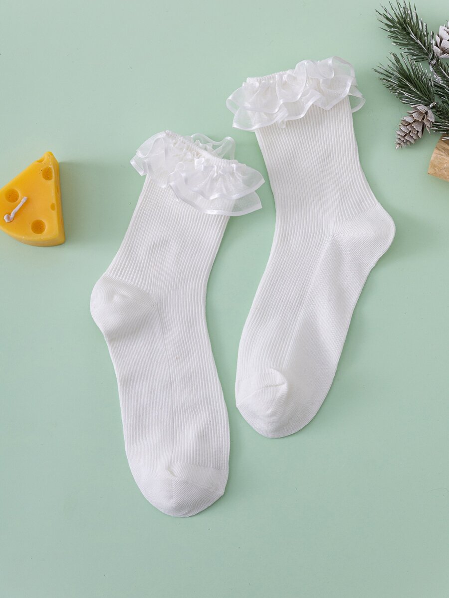 1pair Women Mesh Ruffle Trim Romantic Style Crew Socks | SHEIN USA
