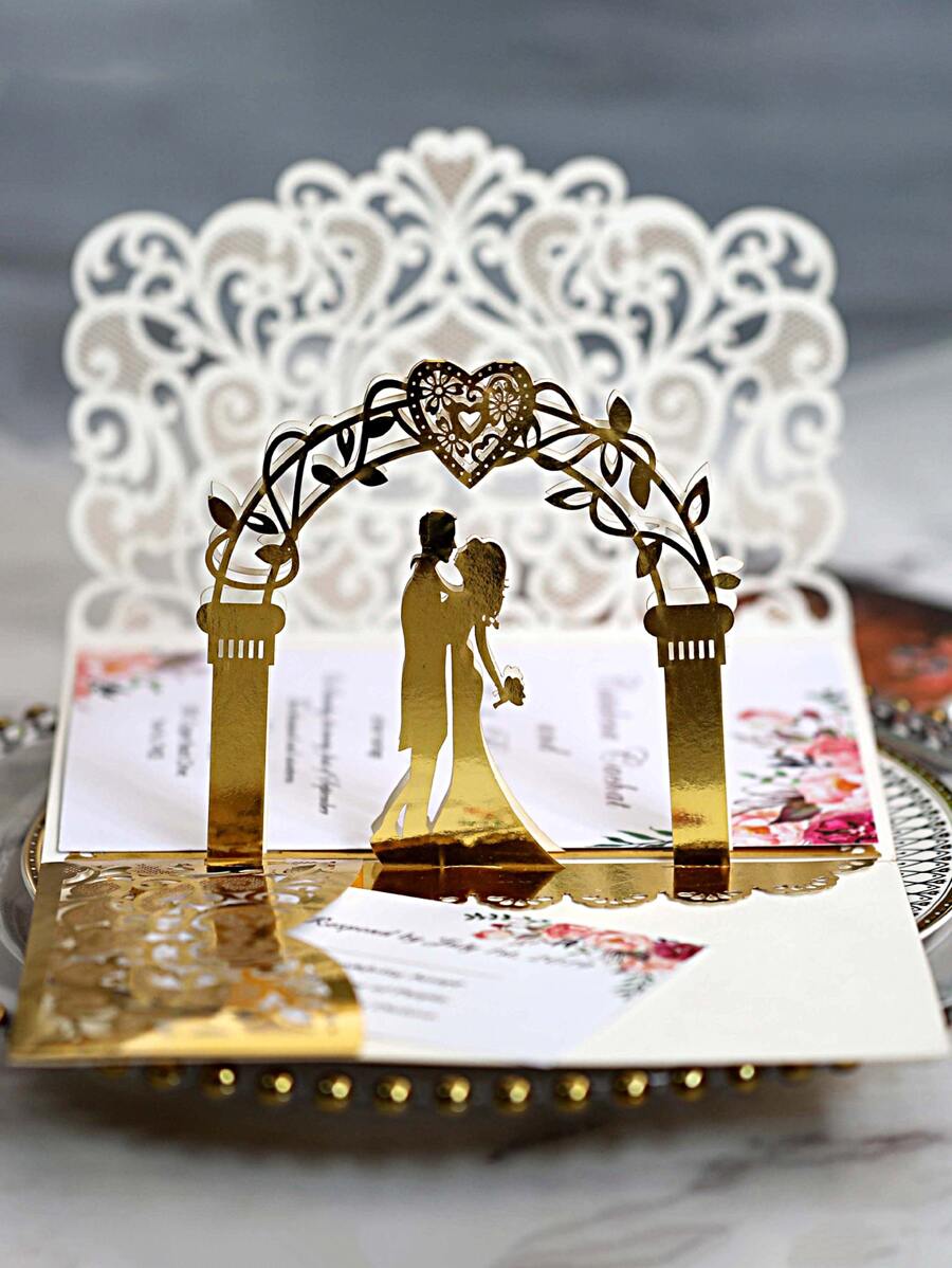 1set Paper Invitation Card & Inner Page & Envelope, Gold Hollow ...