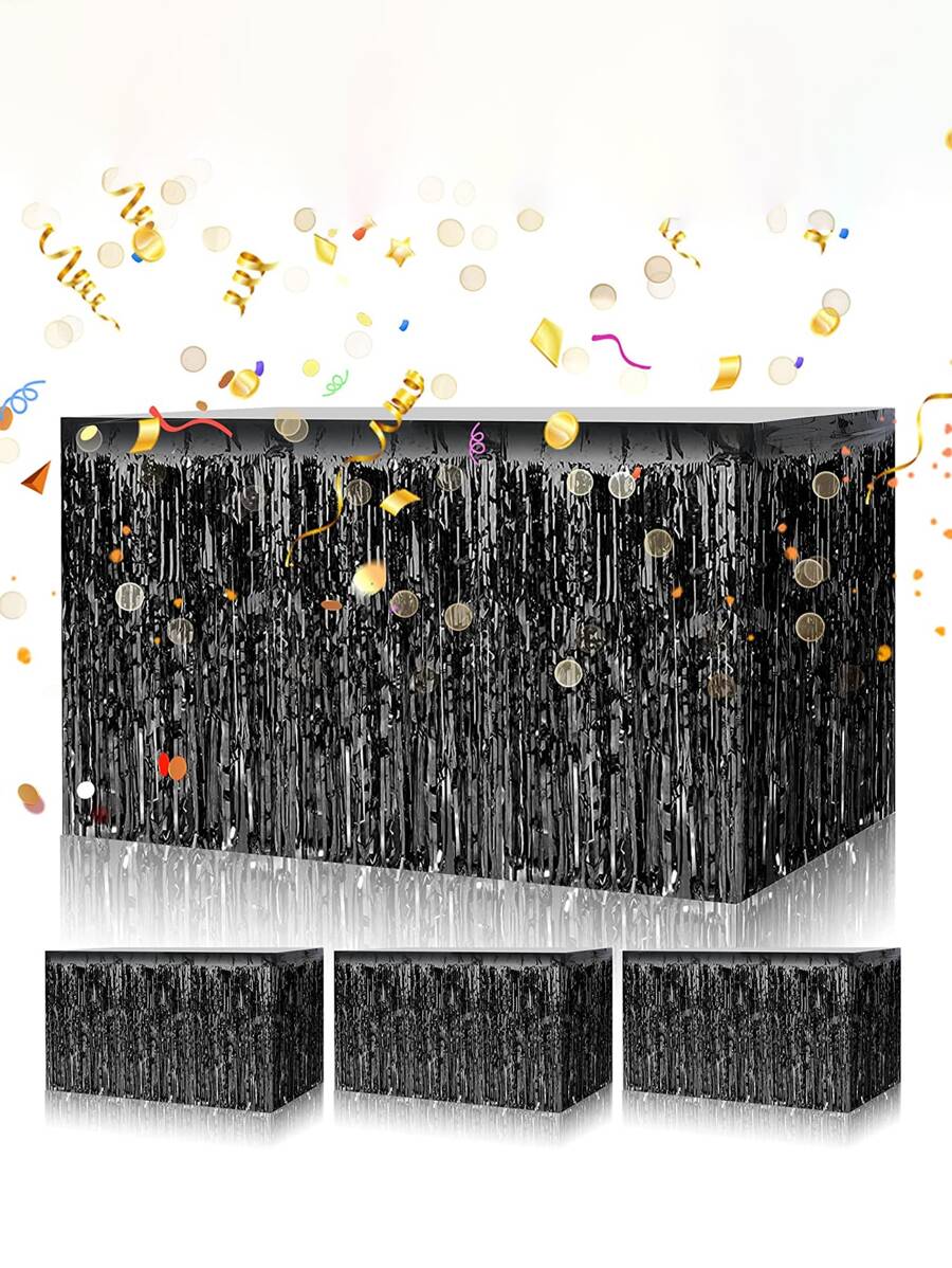 2pcs/1pc-Black Foil Fringe Table Skirts, Tinsel Table Skirt Streamers ...