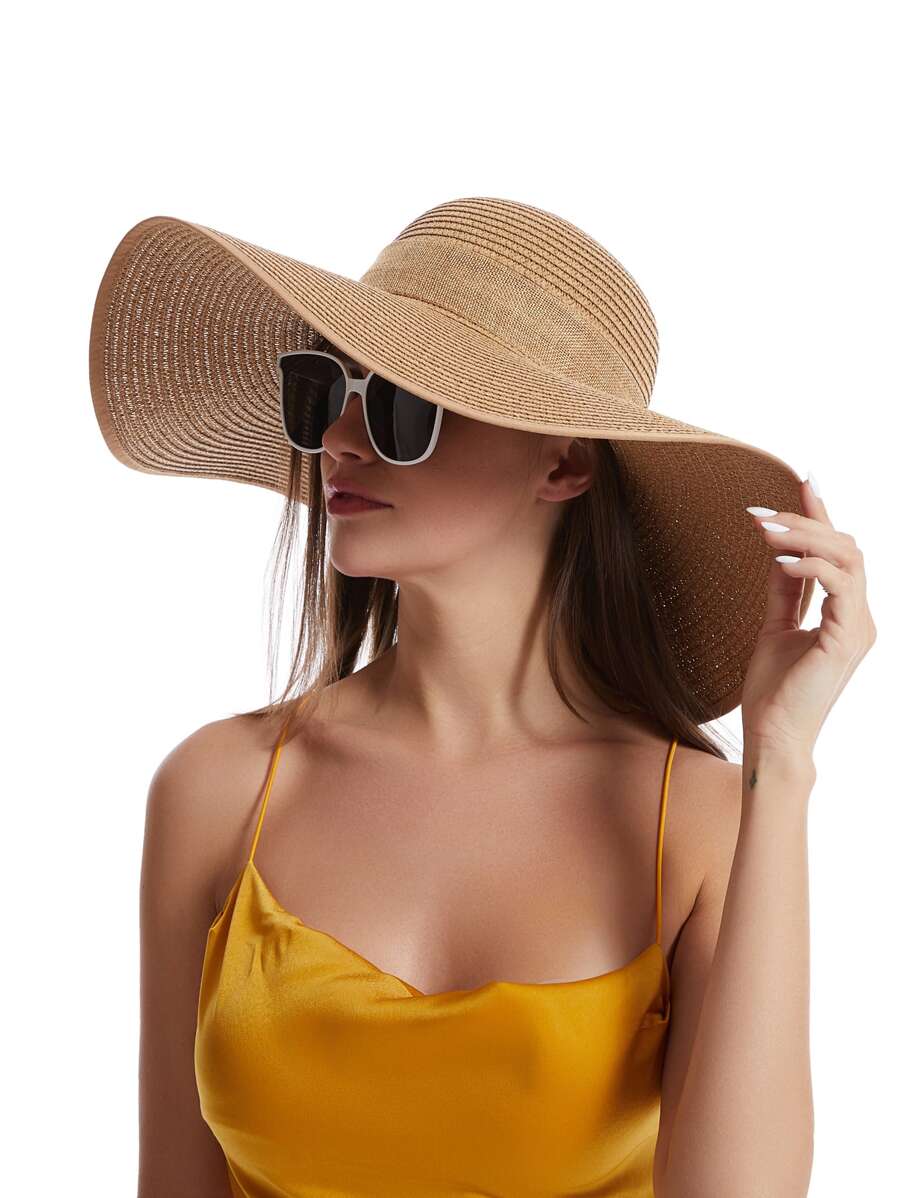 Womens Big Brim Sun Hat Floppy Foldable Bowknot Straw Hat Summer Beach