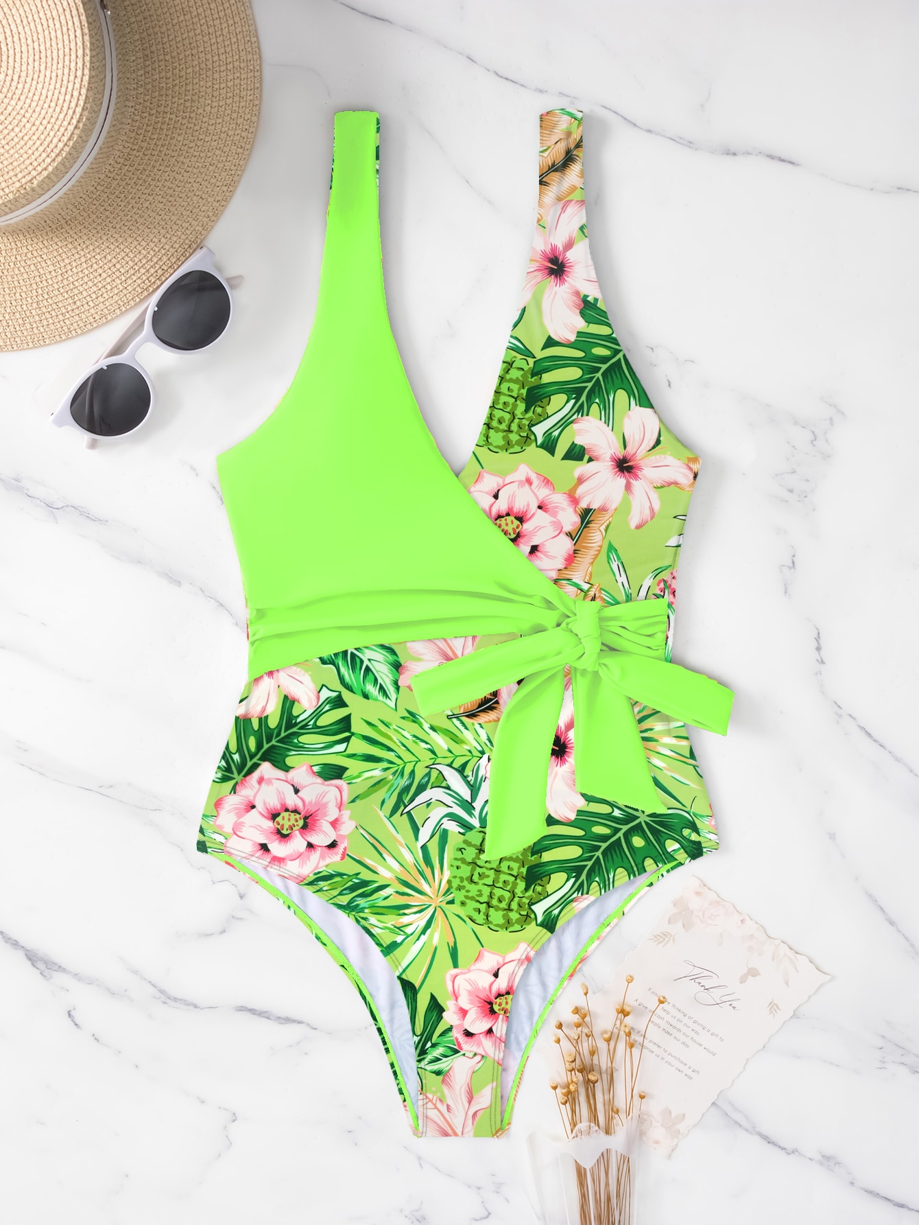 Tropical Print Knot Side One Piece Swimsuit Shein Usa