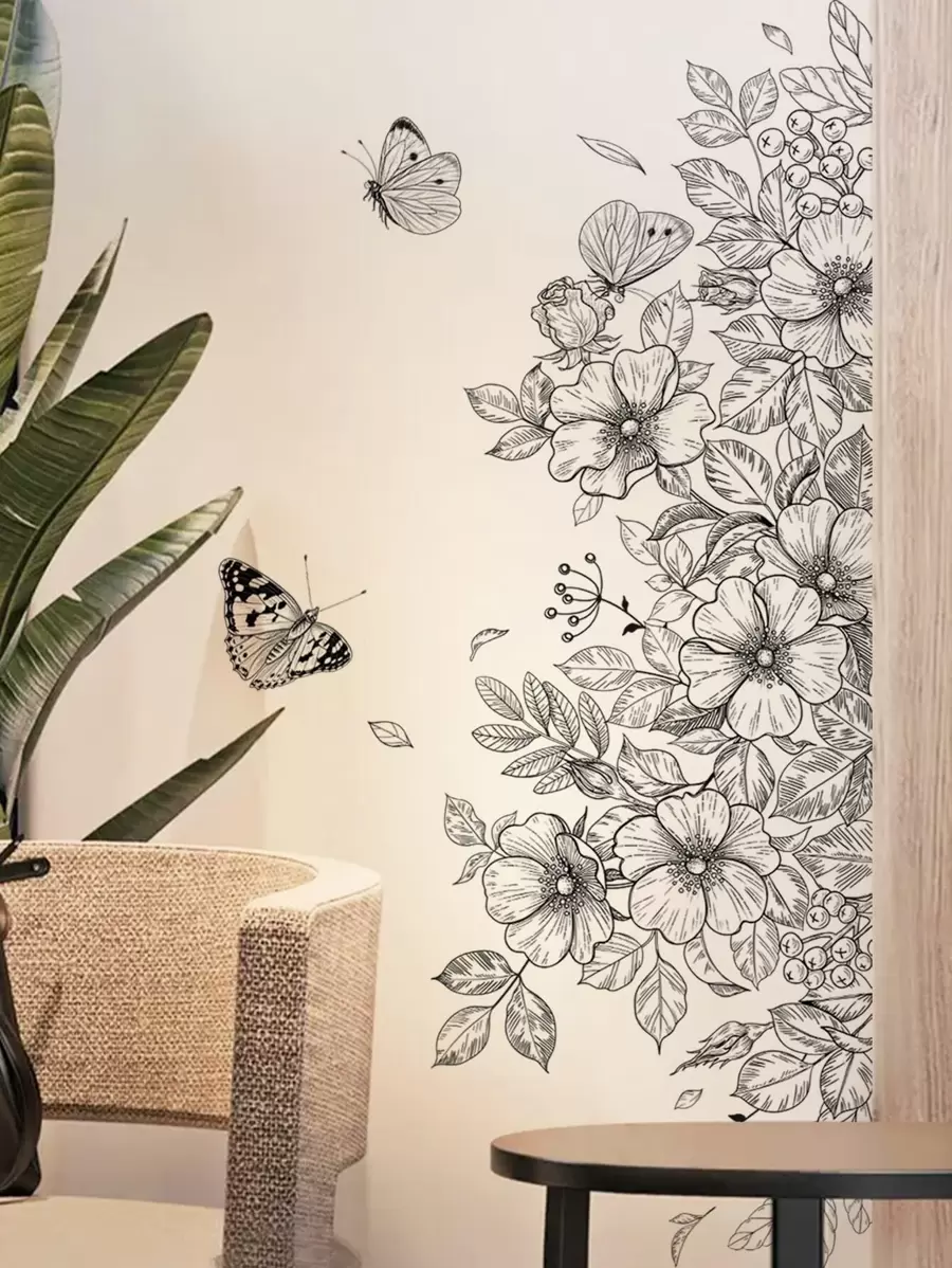 1pc Flower & Butterfly Pattern Wall Sticker, Modern Line Flower Pattern ...