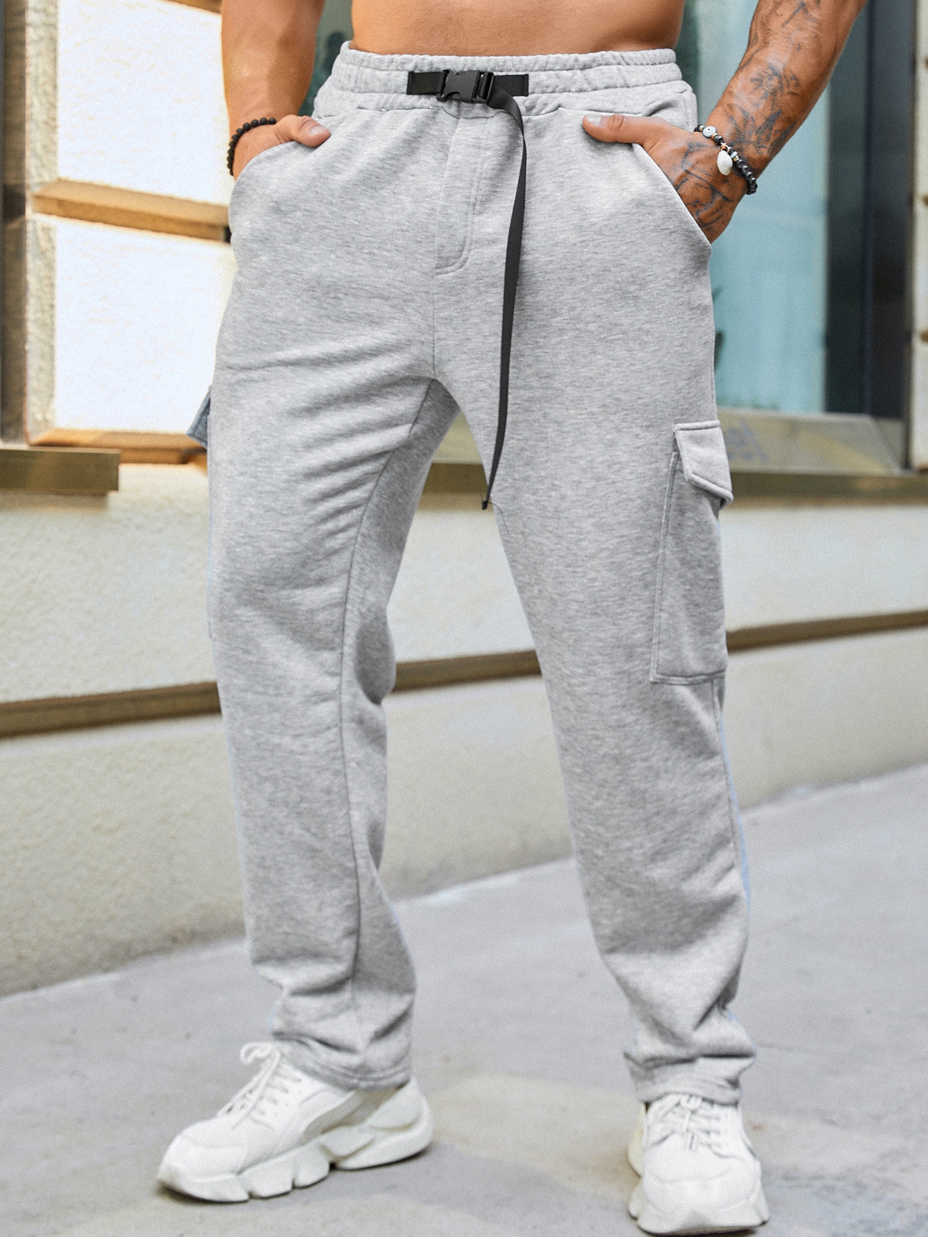 Manfinity Loose Fit Men's Sweatpants With Flap Pocket, Buckle Belt And ...