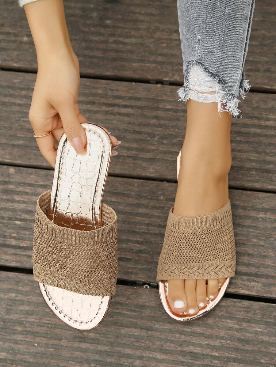 Women Wide Fit Knit Detail Single Band Flat Sandals, Elegant Fabric ...