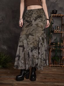 ROMWE Goth Butterfly Print Mesh Skirt | SHEIN UK