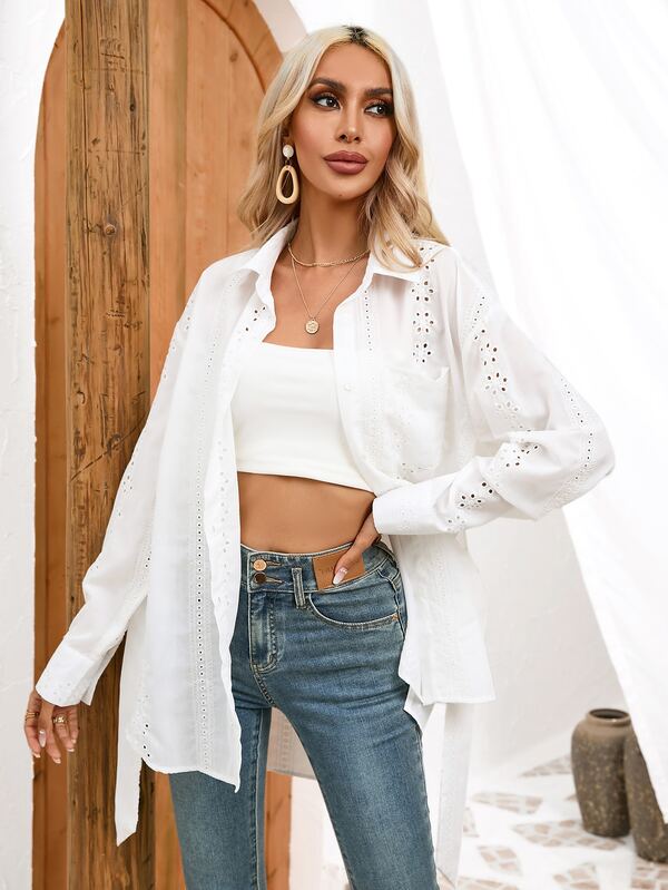 SHEIN LUNE Camisa con bordado con ojal de hombros caídos | Moda de Mujer | SHEIN México