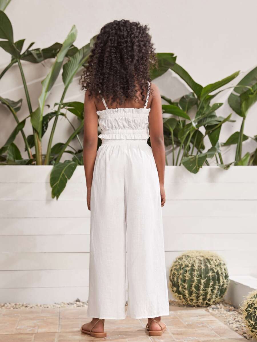 Shein Tween Girl Ruffle Trim Cami Top And Paperbag Waist Wide Leg Pants