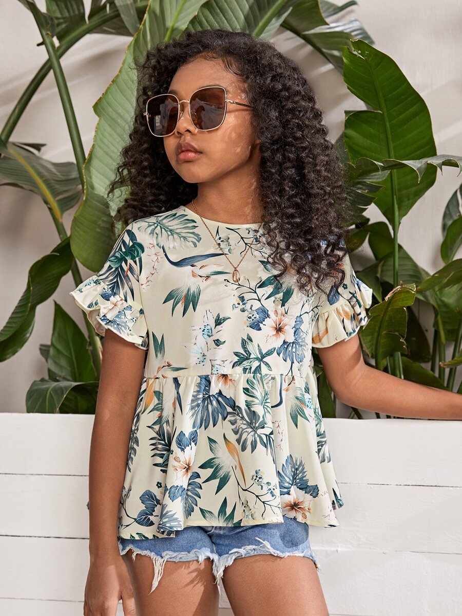 SHEIN SLAYR Tween Girl Tween Girl Tropical Print Flounce Sleeve Peplum ...