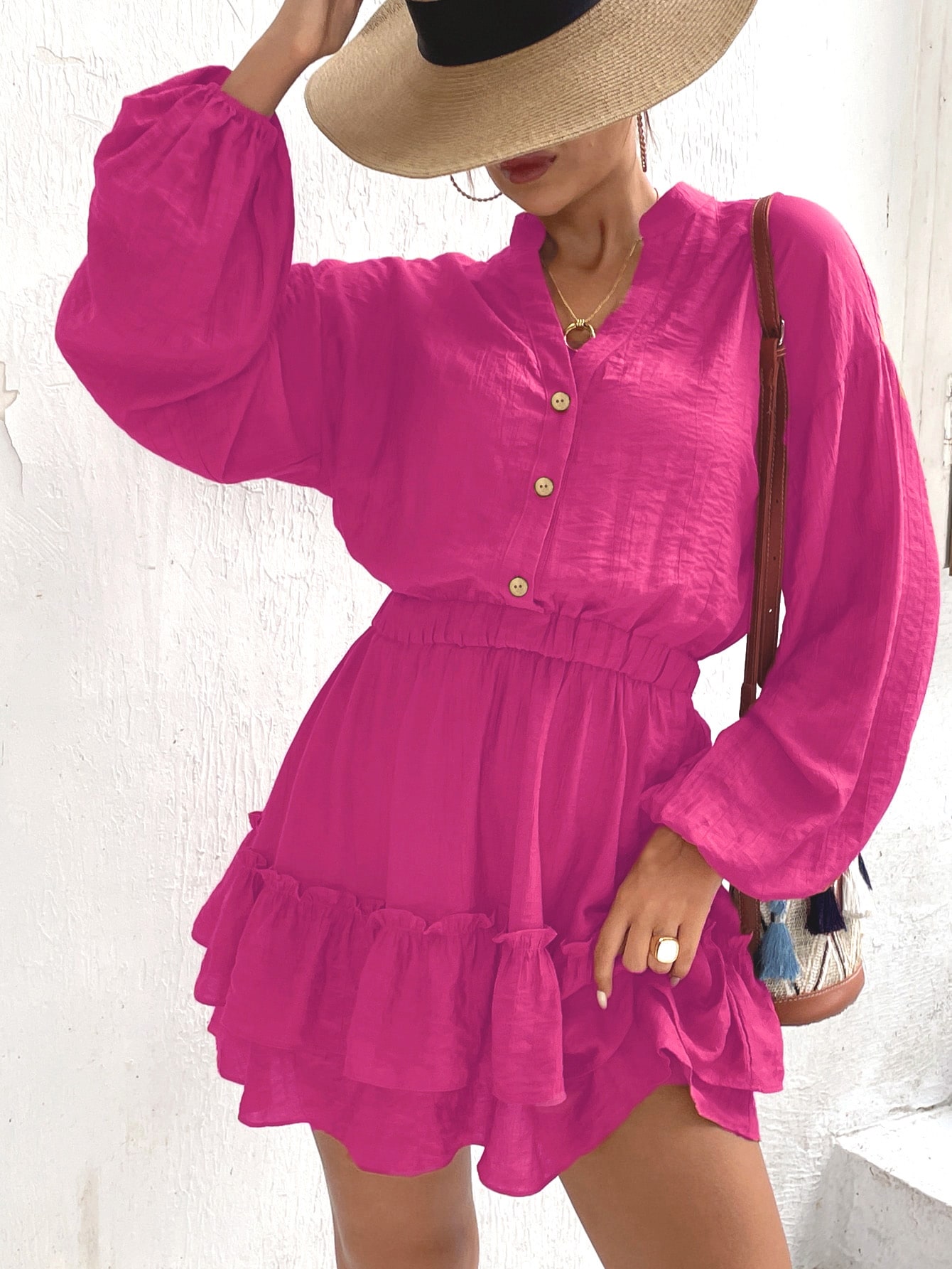 Notched Neckline Lantern Sleeve Ruffle Hem Dress | SHEIN USA