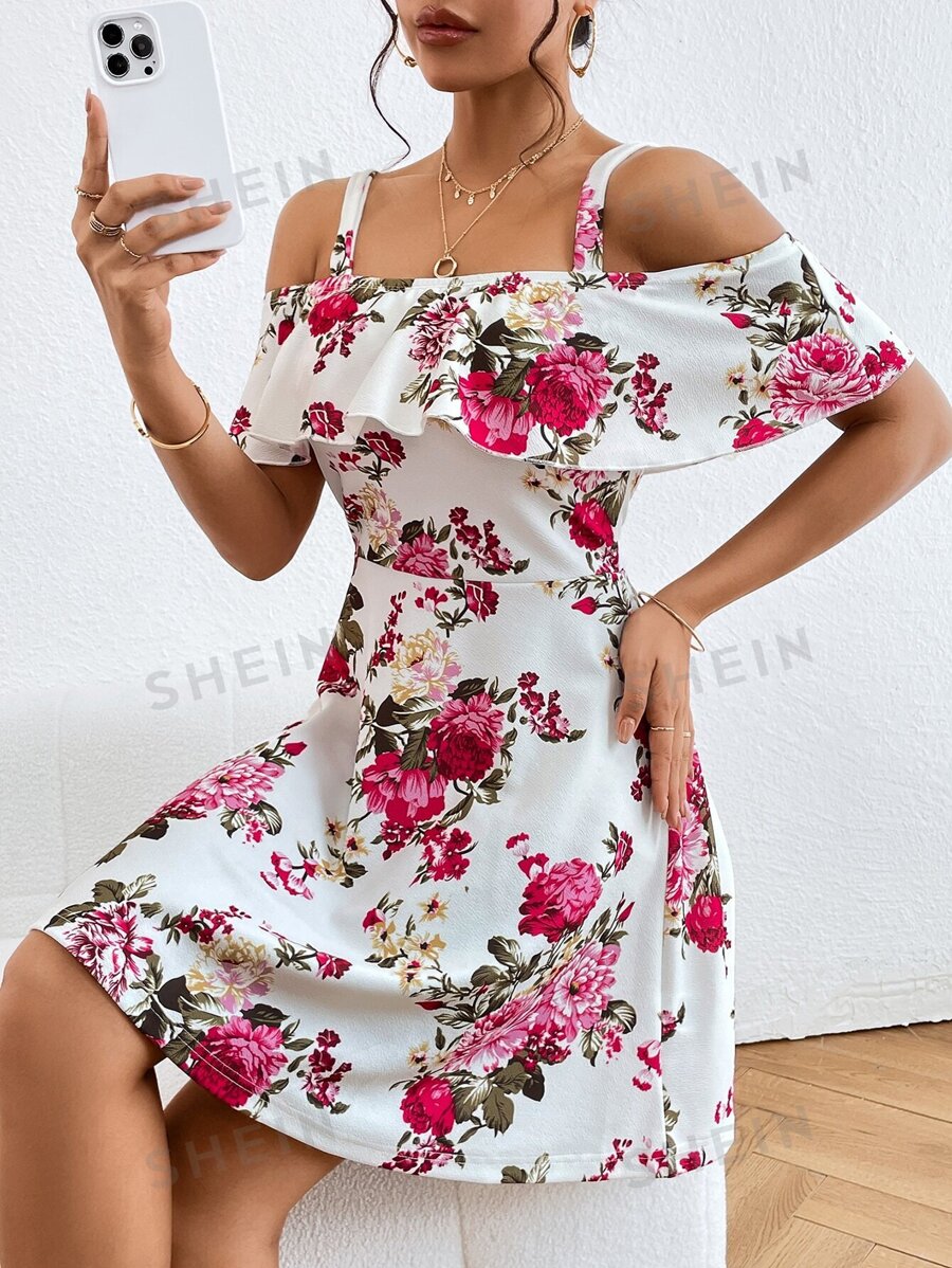 SHEIN Clasi Floral Print Cold Shoulder Ruffle Trim Spring Dress | SHEIN EUR