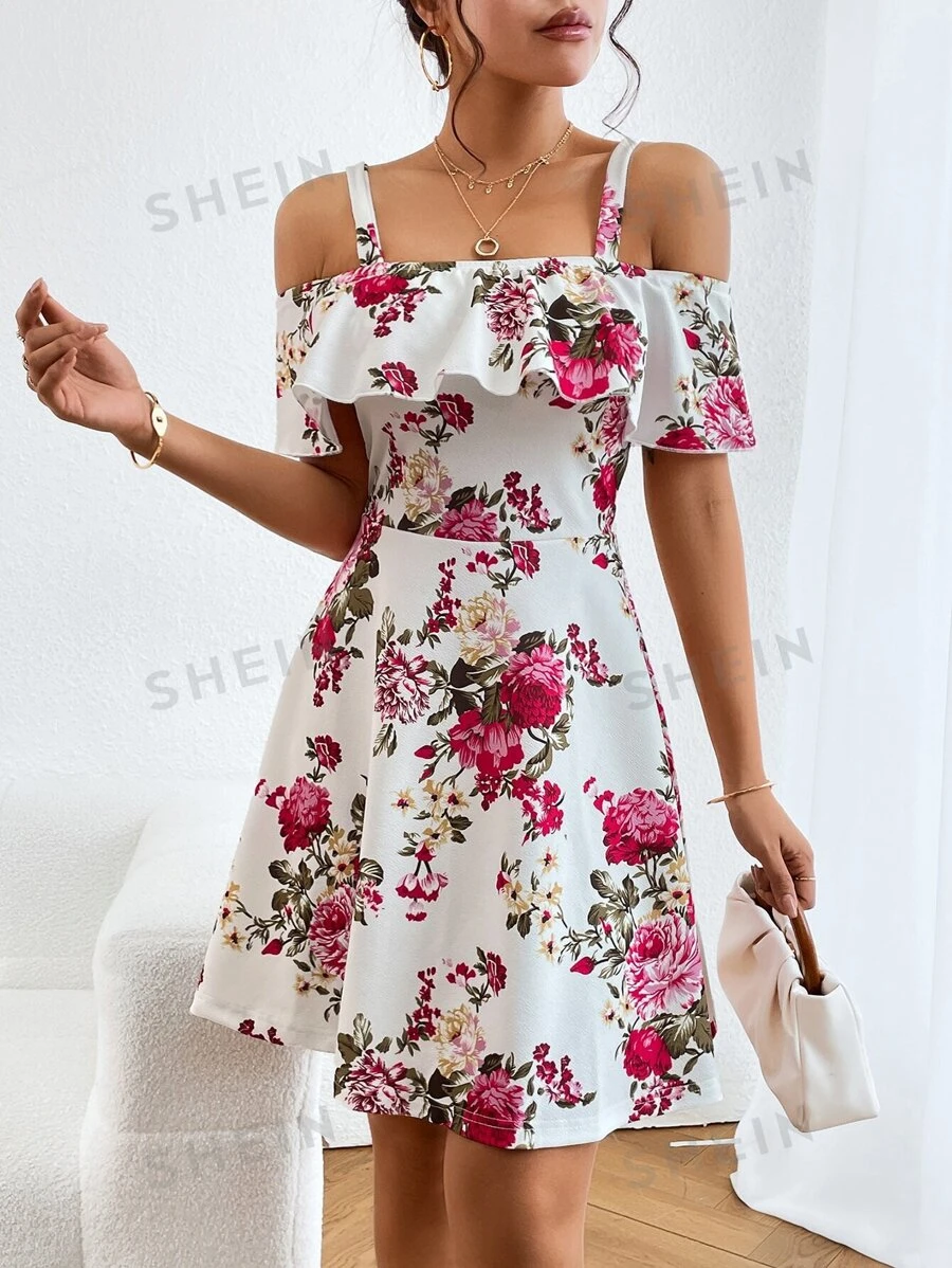 SHEIN Clasi Floral Print Cold Shoulder Ruffle Trim Spring Dress | SHEIN EUR
