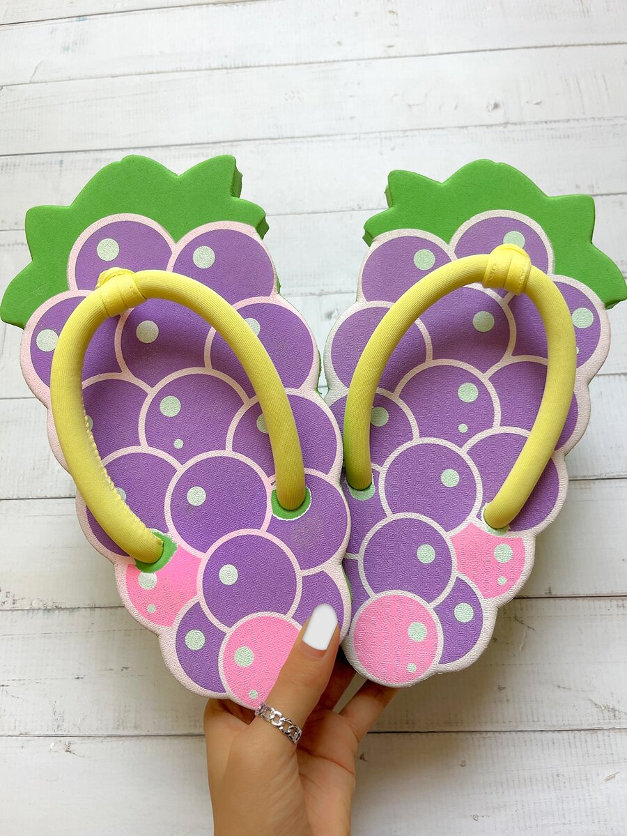 Women Grape Pattern Toe Post Flip-Flops, Preppy Fabric Flip Flops ...