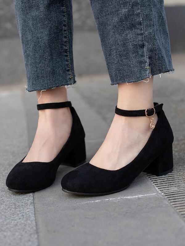 Women Round Toe Chunky Heeled Pumps, Elegant Black Faux Suede Ankle ...