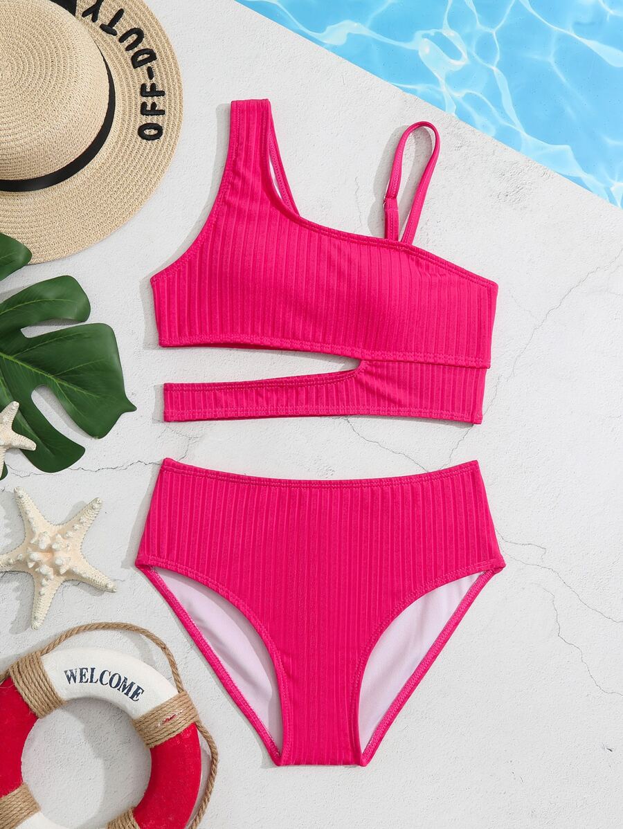 SHEIN Tween Girl 不对称镂空比基尼套装 夏日海滩丨 SHEIN香港