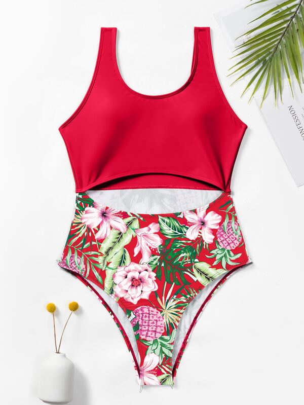Tropical Print Cut Out One Piece Swimsuit Shein Usa