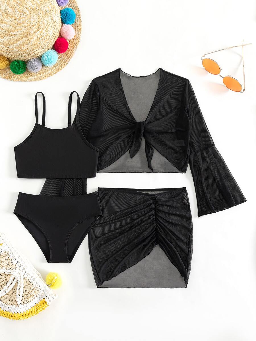 Conjunto de biquíni sólido Tween Girl 4packs com saída de praia de ...