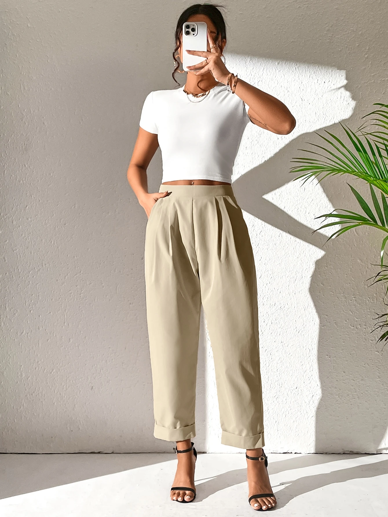 SHEIN Frenchy Solid Fold Pleated Detail Roll Up Hem Pants | SHEIN USA