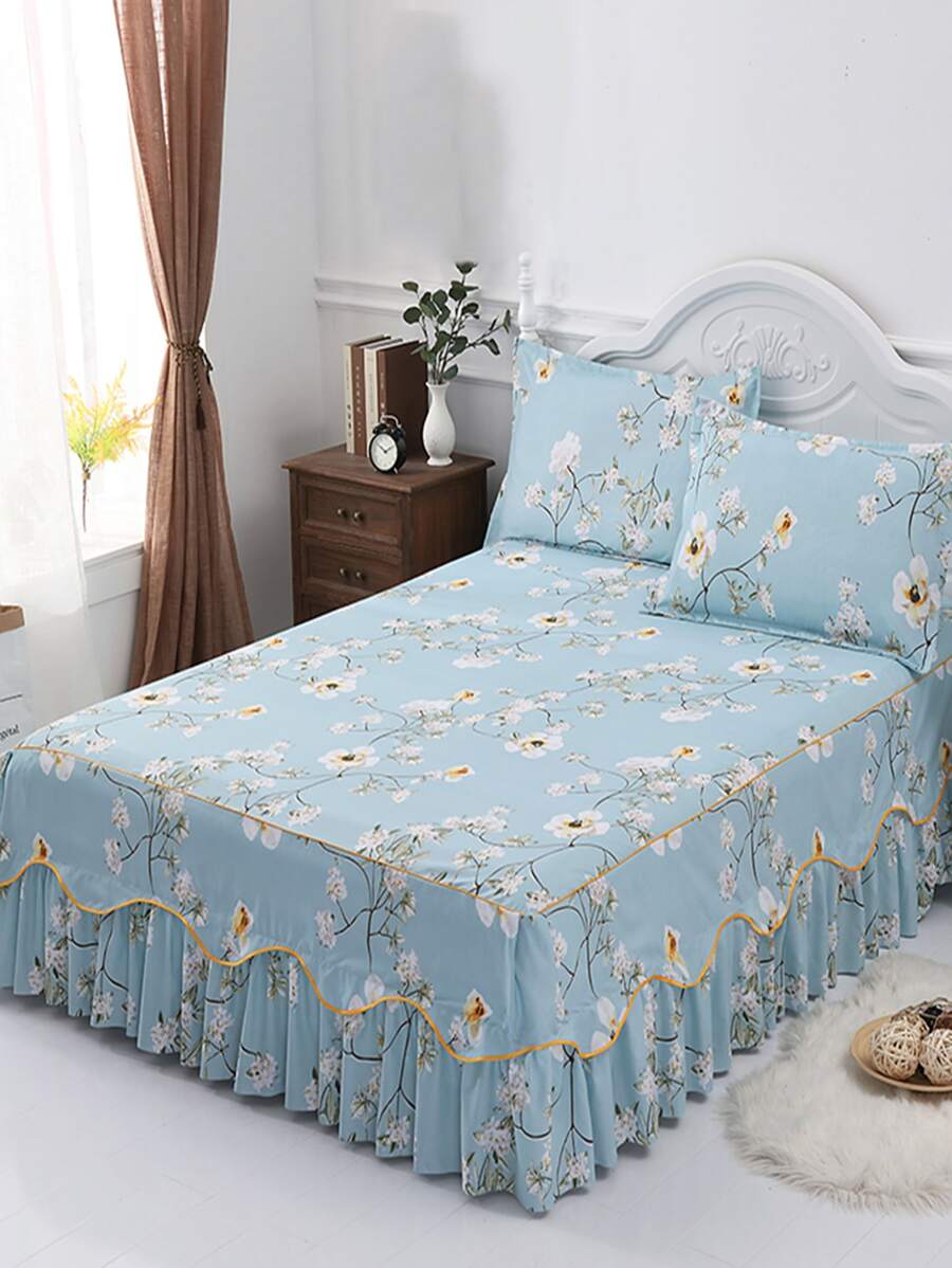 1pc Flower Pattern Bed Skirt, Modern Fabric Ruffle Trim Bedding Bed ...