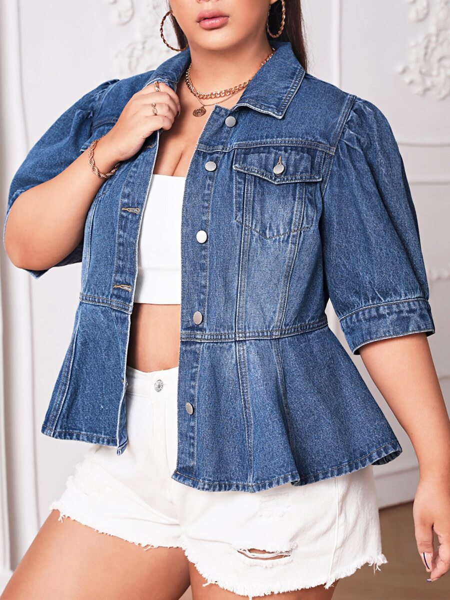 SHEIN Essnce Plus Puff Sleeve Peplum Denim Jacket | SHEIN USA
