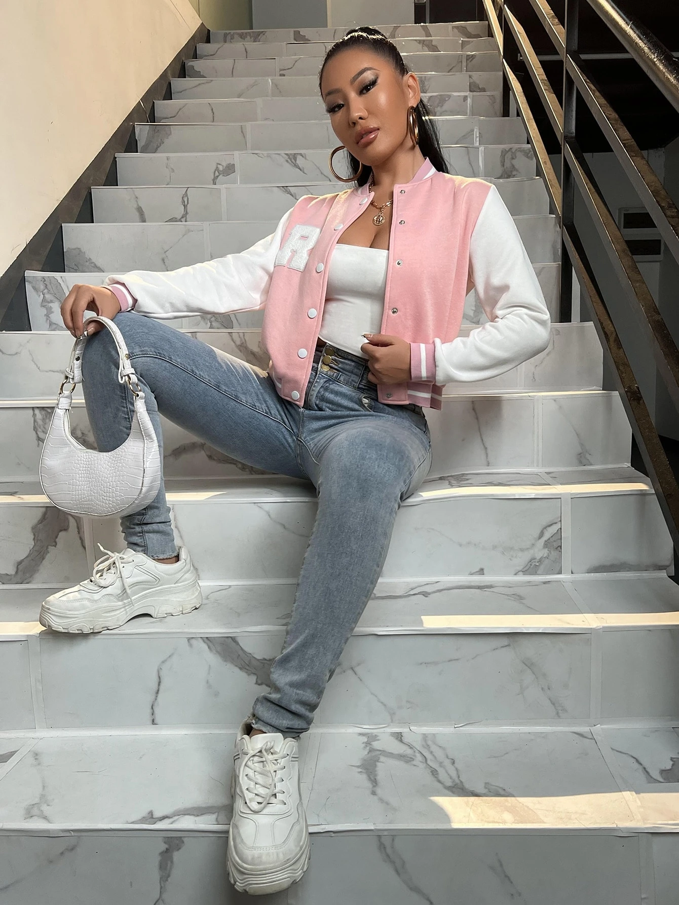 SHEIN PETITE Color Block Snap Button Varsity Jacket | SHEIN USA