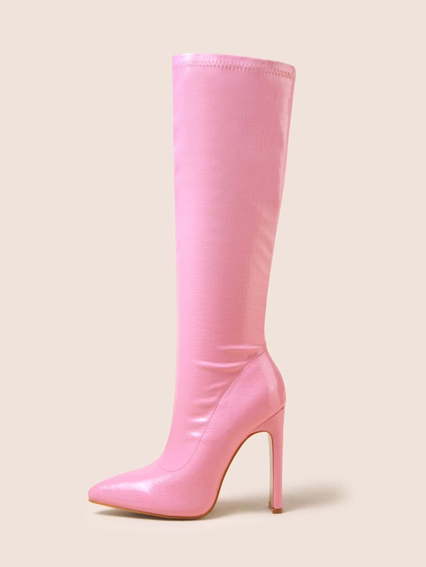 Women Crocodile Embossed Side Zip Point Toe Chunky Heeled Sock Boots ...