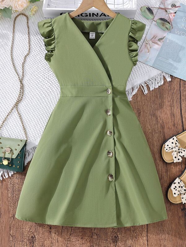 SHEIN Kids FANZEY Girls Ruffle Trim Button Front Dress | SHEIN South Africa