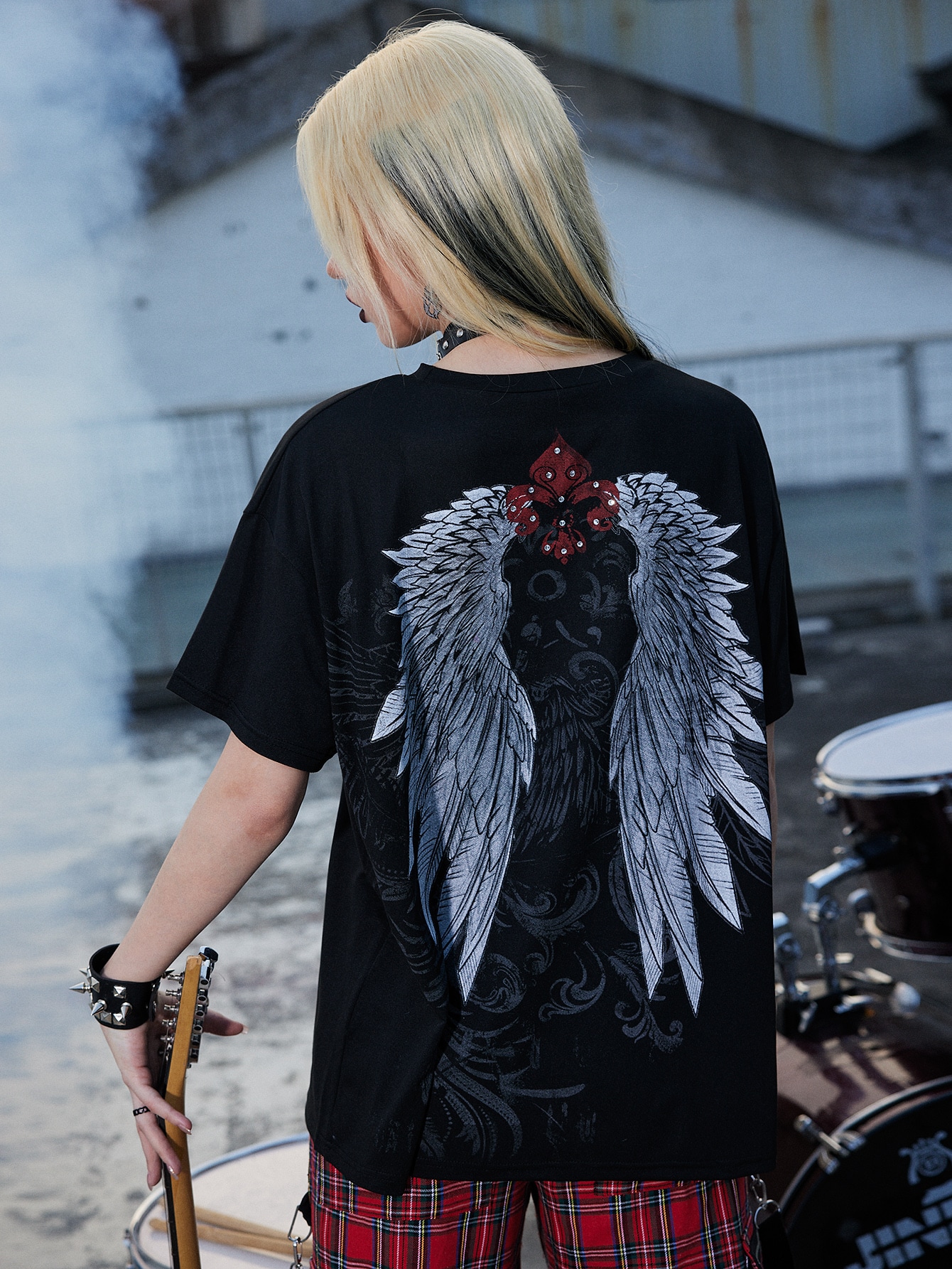 Grunge Punk Wings Print Drop Shoulder Tee | SHEIN USA