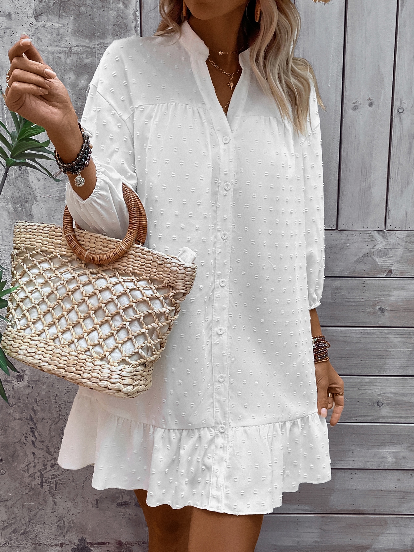 SHEIN VCAY Swiss Dot Ruffle Hem Shirt Dress | SHEIN USA