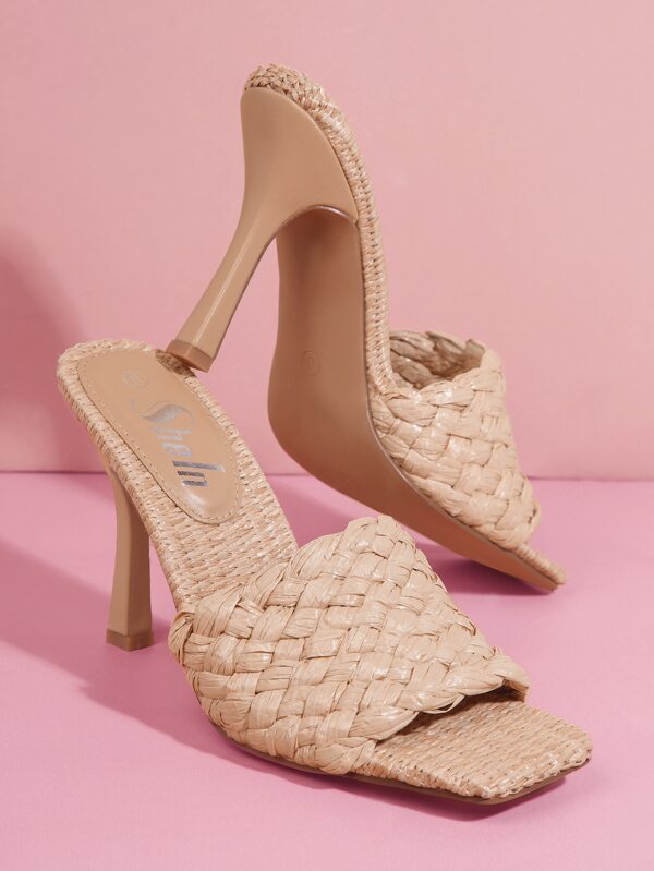 Woven Straw Square Toe Kitten Heel Mules | SHEIN USA