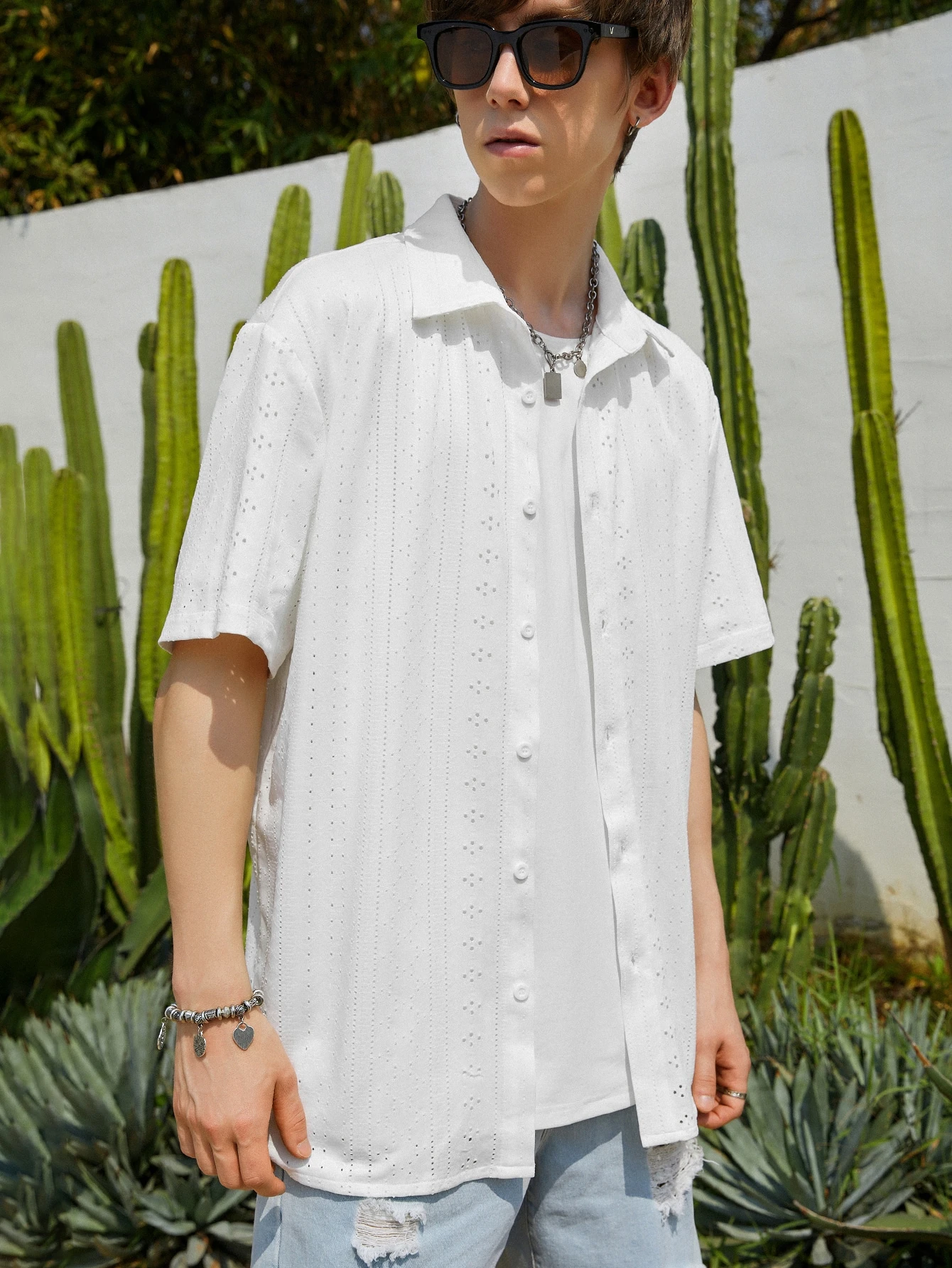 Manfinity Men Solid Eyelet Embroidery Button Up Shirt | SHEIN UK