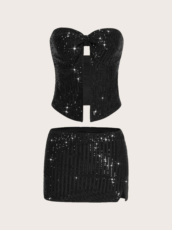 SHEIN ICON bajo con abertura con lentejuelas Top bandeau & Falda ...